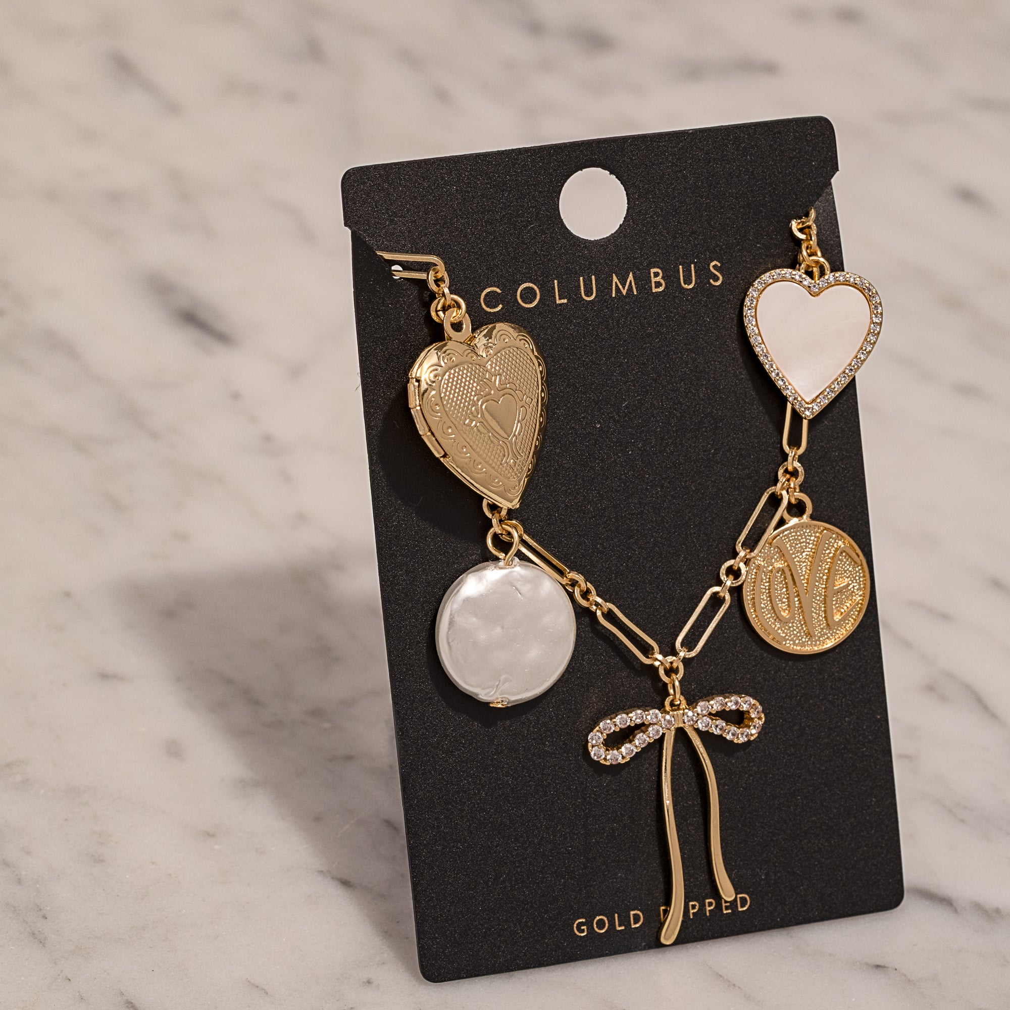 18K Gold Dipped Five Charm Station Chain Necklace